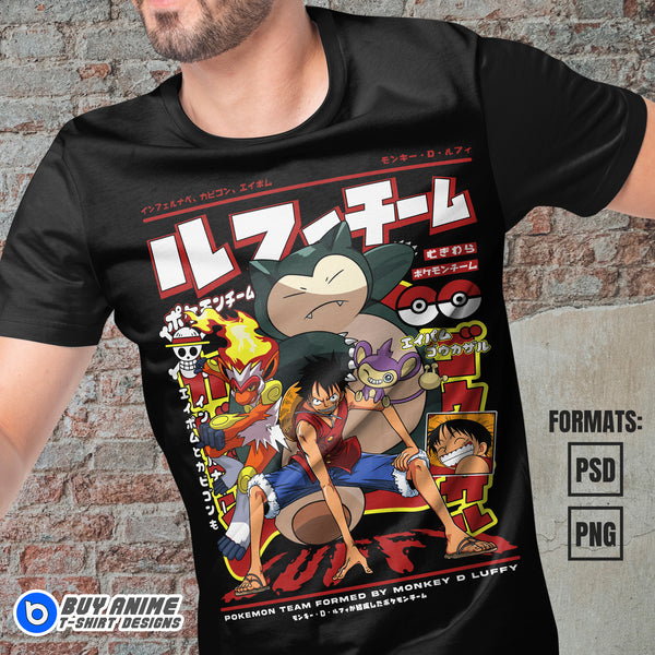 Premium Luffy x Pokemon One Piece Anime Vector T-shirt Design Template ...